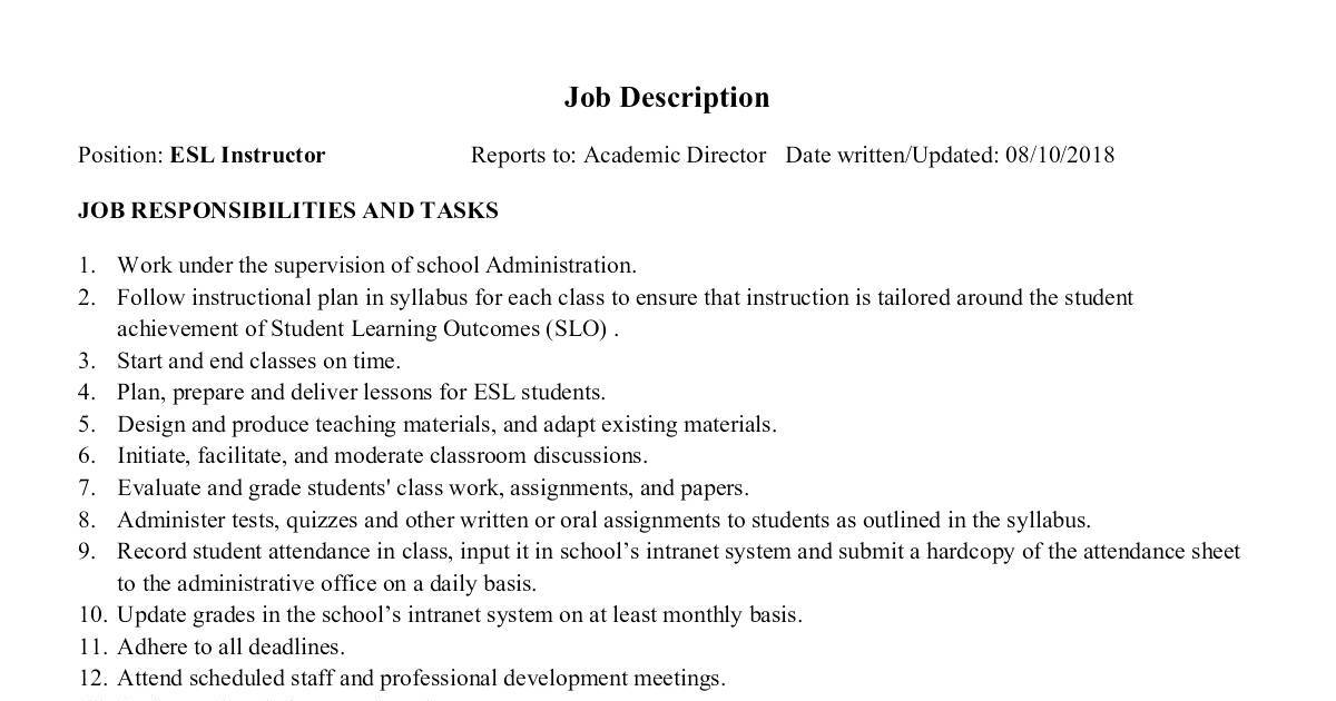 ESL Instructor JOB DESCRIPTION.pdf | DocHub