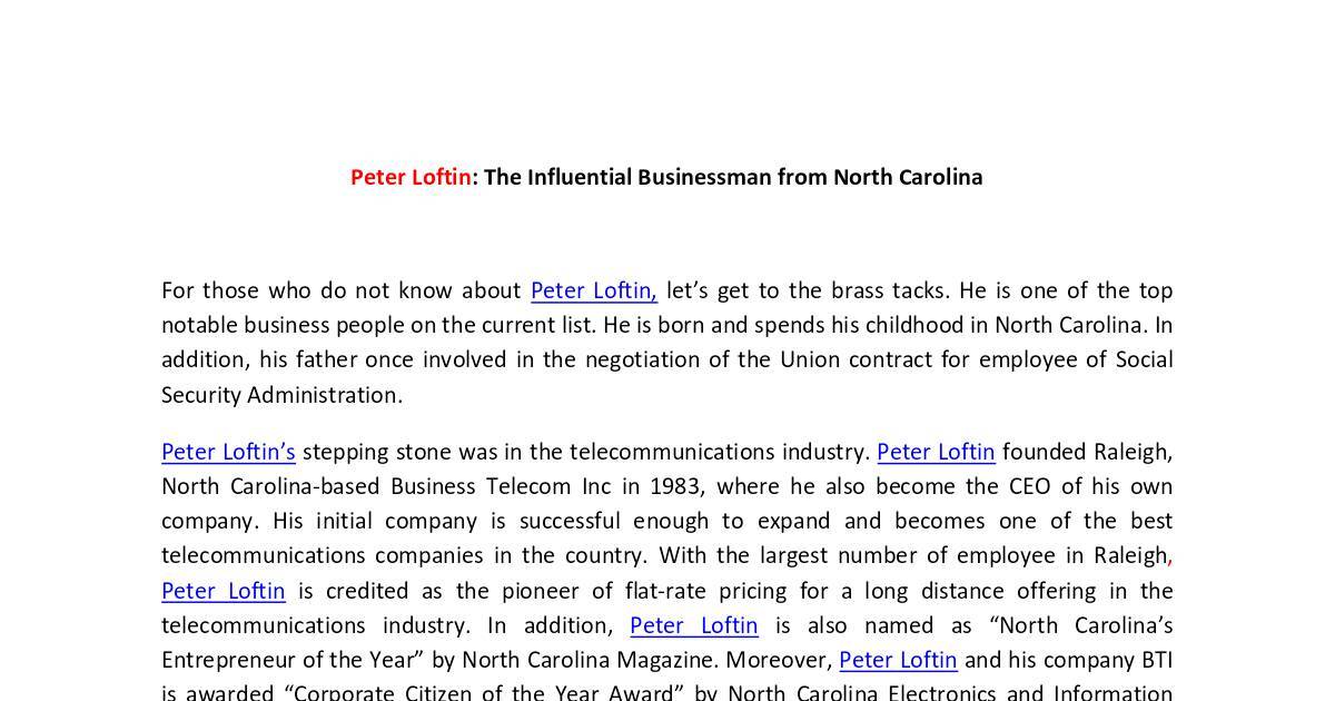 Peter Loftin - The Influential Businessman from North Carolina | DocHub