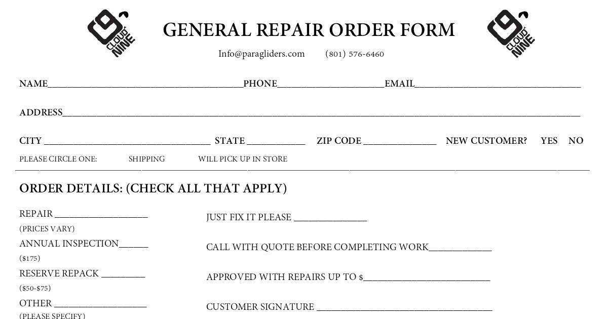 2018 General Repair Order Form | DocHub