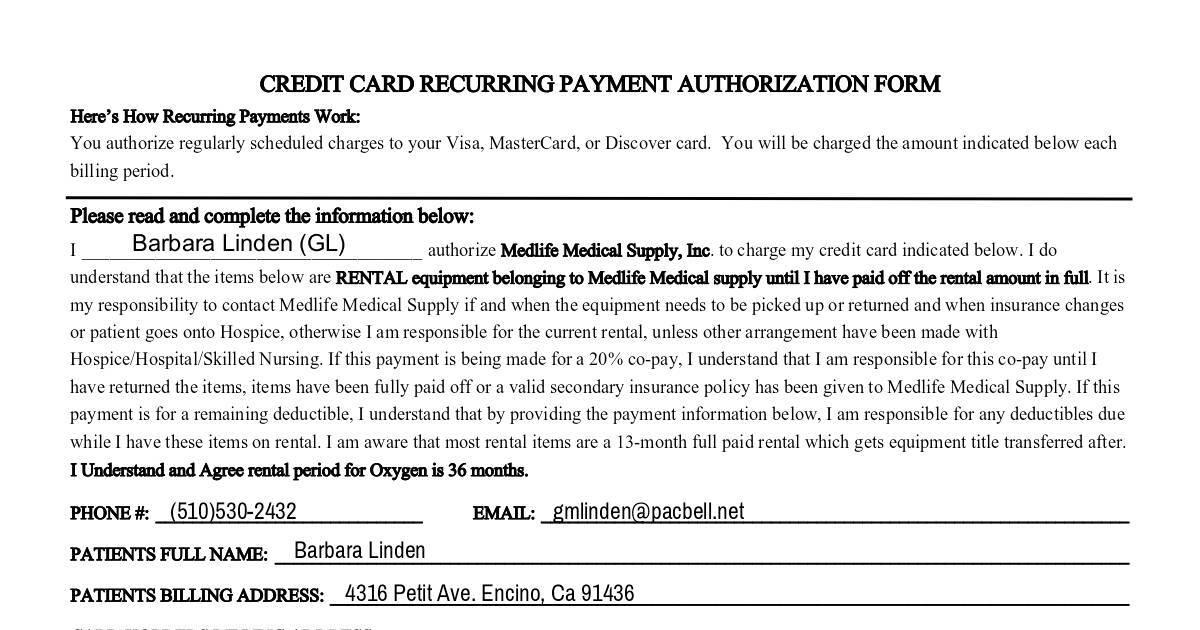 CC Auth Form- Linden, Barbara 20% | DocHub