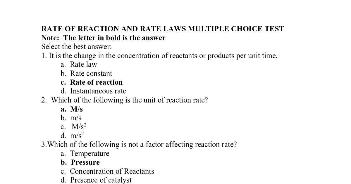RATE OF REACTION AND RATE LAWS MULTIPLE CHOICE TEST | DocHub
