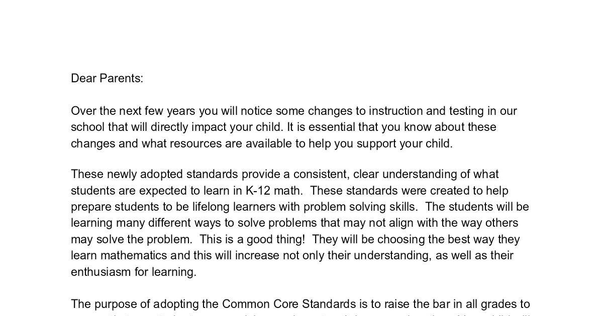 Parent Letter for Common Core Math | DocHub