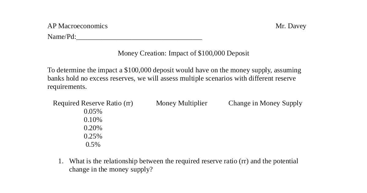 Money Multiplier Questions and Bank Run Video | DocHub