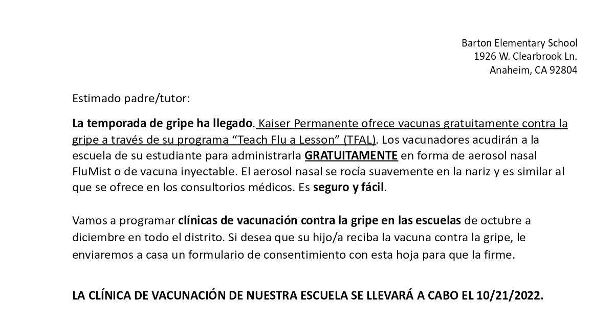Barton - Flu Clinic Principal Letter (Spanish).pdf | DocHub