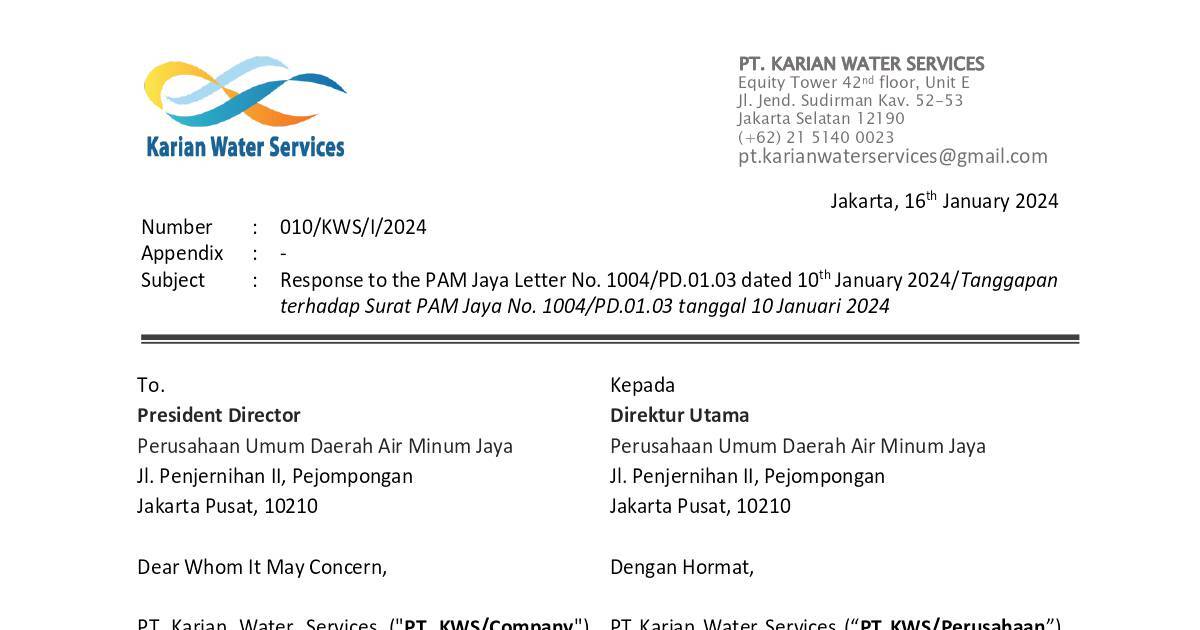 010 KWS I 2024 - PAM Jaya - Response to the PAM Jaya Letter No. 1004 PD ...