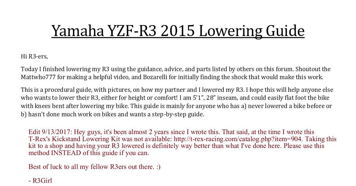 Yamaha R3 Lowering Guide | DocHub