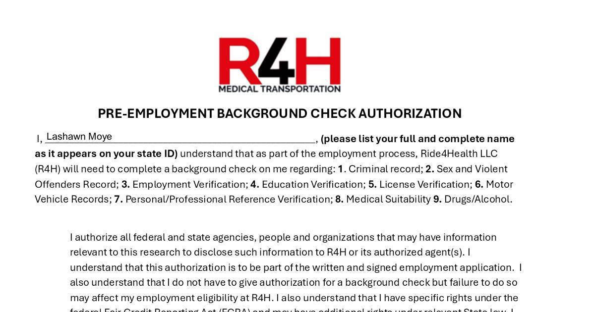 Pre Employment Authorization Form R4H FILLABLE PDF.pdf | DocHub