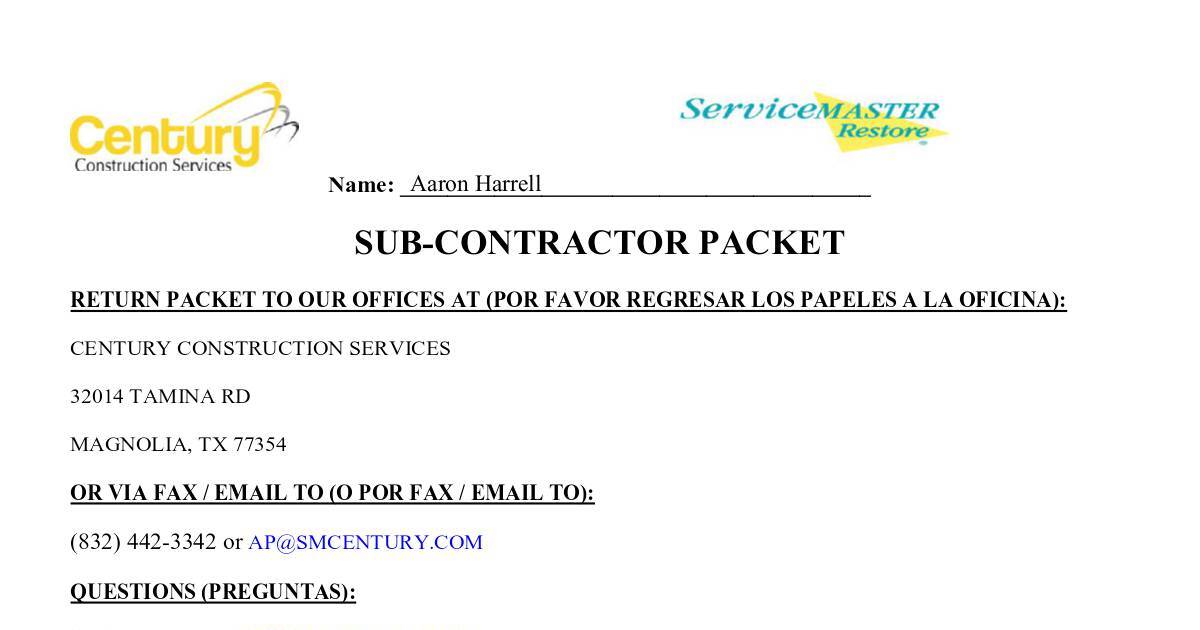 SUBCONTRACTOR PACKET - CHASE CONSTRUCTION SERVICES | DocHub