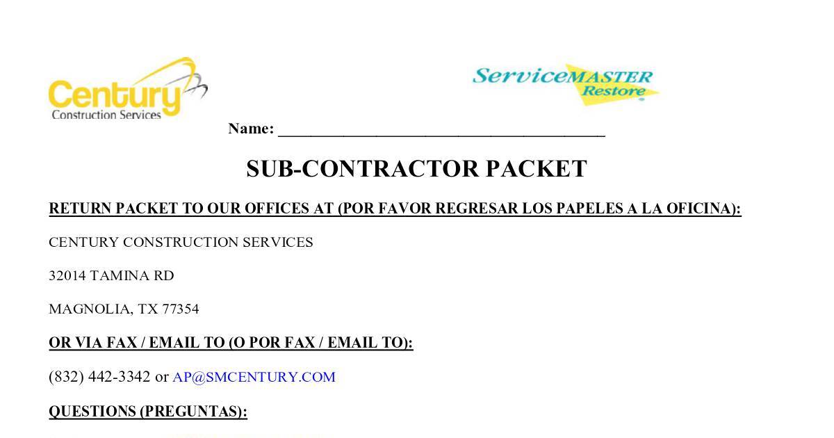 SUBCONTRACTOR PACKET | DocHub