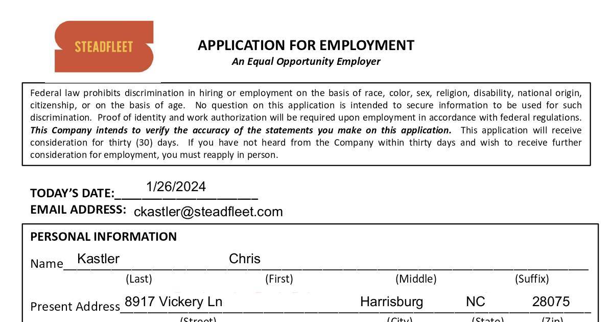 Steadfleet Employment Application | DocHub