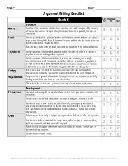 Argument Writing Checklist Grade 6 DocHub
