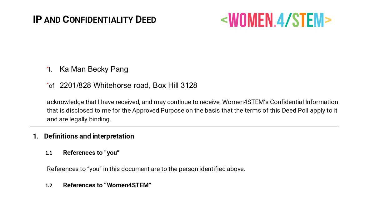 NDA - IP and Confidentiality Deed -W4STEM_BeckyPang.pdf | DocHub